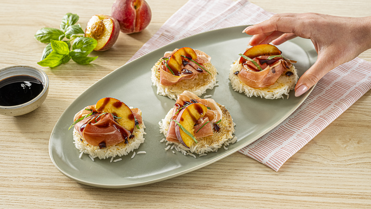 Crispy Rice Cakes with Peach and Prosciutto